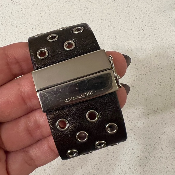 Coach | Jewelry | Coach Wide Black Leather Silver Grommet Bracelet ...